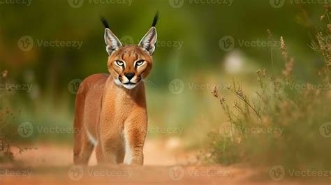 Caracal African Lynx In Green Grass Vegetation Beautiful Wild Cat In