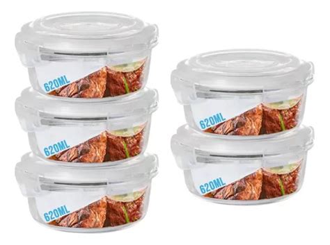Jogo 5 Potes Vidro Hermético 4 Travas Redondo 620ml Marmita