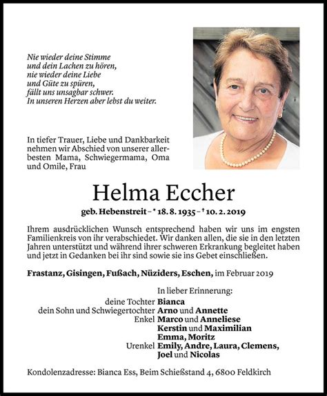 Todesanzeigen Von Helma Eccher Todesanzeigen Vorarlberger Nachrichten