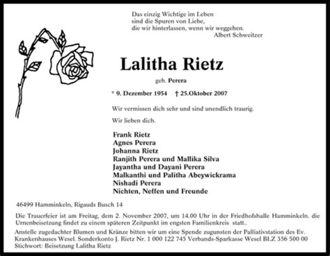 Traueranzeigen Von Lalitha Rietz Trauer In Nrw De