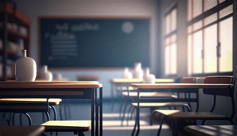 Un salón de clases con un fondo borroso y un escritorio de estudiante