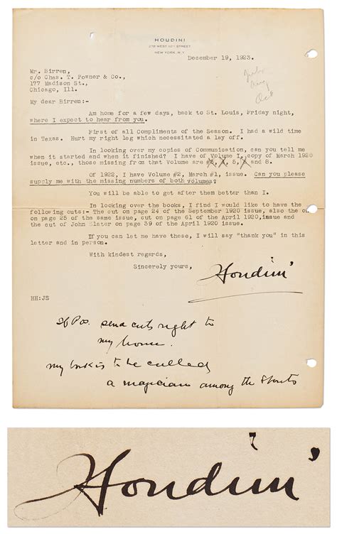 Lot Detail Harry Houdini Letter Signed And Autograph Note I