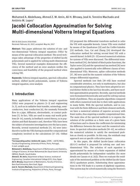 pdf jacobi collocation approximation for solving multi dimensional volterra integral equations