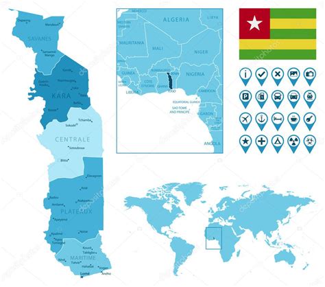 Mapa azul administrativo detallado de Togo con bandera del país y
