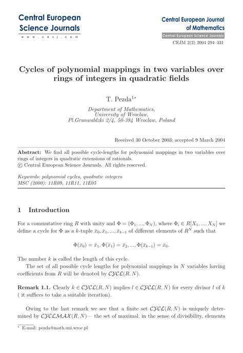 pdf cycles of polynomial mappings in two variables over rings of integers in quadratic fields