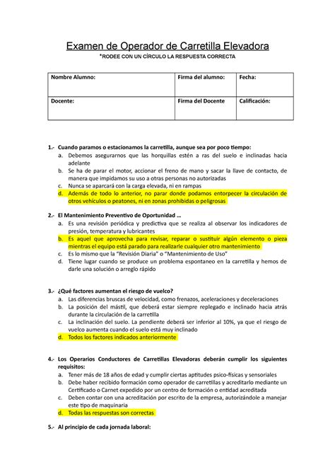 Test final de prevención de riesgos laborales Examen de Operador de