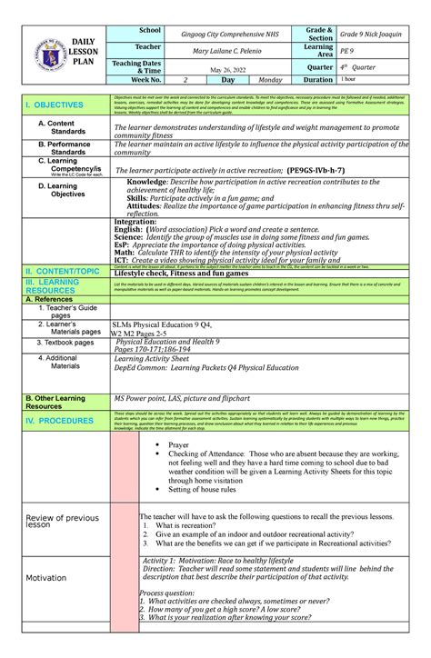 DLP COT 3 PE DAILY LESSON PLAN School Gingoog City