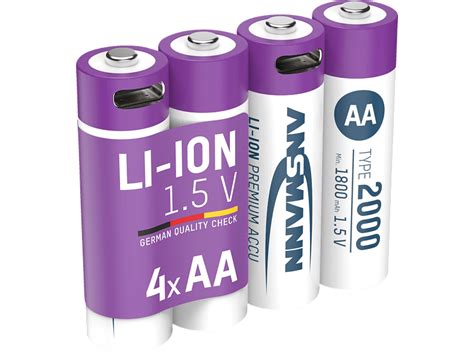 ANSMANN Typ 2000 4 Stück Mignon AA Akku Li Ion 1 5 Volt 2000 mAh