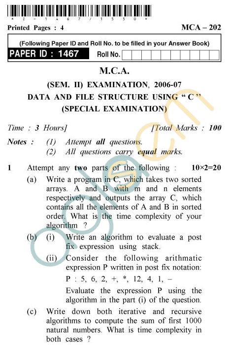 Aktu Mca Question Papers Mca Data And File Structure Using C