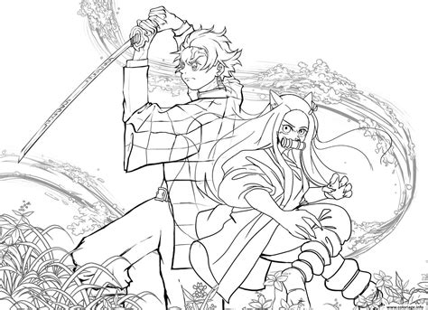 Coloriage Tanjiro And Nezuko In Battle Demon Slayer Dessin Demon Slayer