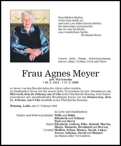 Todesanzeigen Von Agnes Meyer Todesanzeigen Vorarlberger Nachrichten
