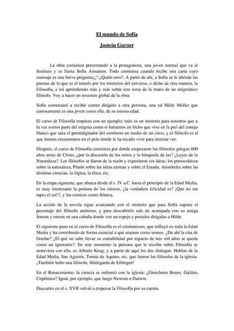 El mundo de sofia resumen y cuestionarios El mundo de SofíaEl mundo