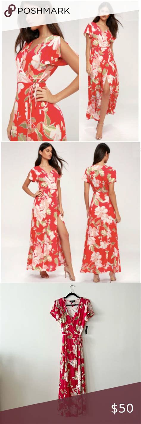 Lulu S Heart Of Marigold Red Tropical Print Wrap Maxi Dress Maxi Wrap
