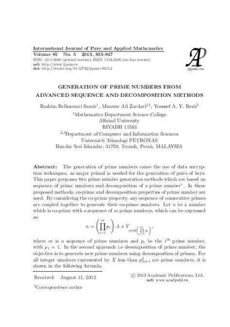 pdf generation of prime numbers from advanced sequence and decomposition methods youssef