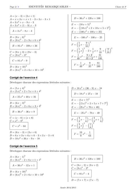 Calcul Litteral Eme Et Identit S Remarquables Exercices Corrig S Dyrassa