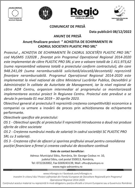 Comunicat de presă PLASTIC PRO SRL Ziarul National