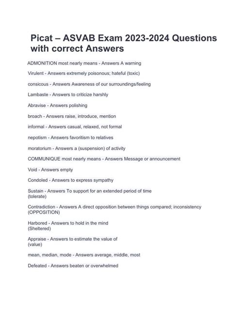 PICAT Verification Test ASVAB Latest Real Exam 100 Questions And