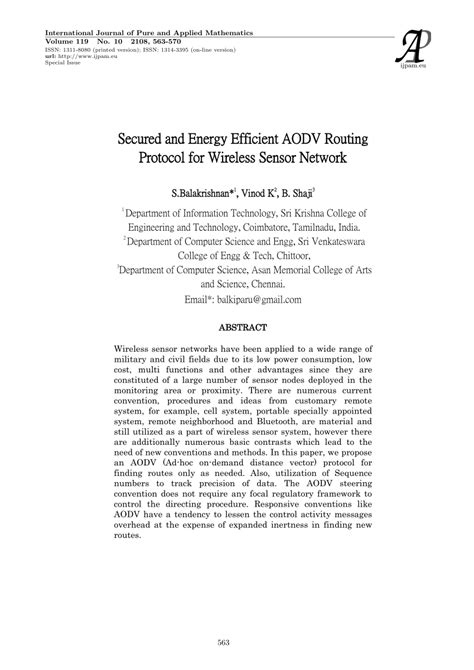 pdf secured and energy efficient aodv routing protocol for wireless sensor network