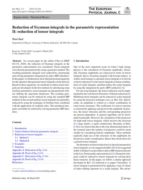 pdf reduction of feynman integrals in the parametric representation ii reduction of tensor