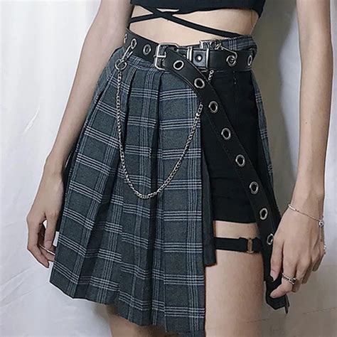 Buy Gothic Plaid A Line Mini Skirts Women 2018 New Hot Asymmetric Patchwork