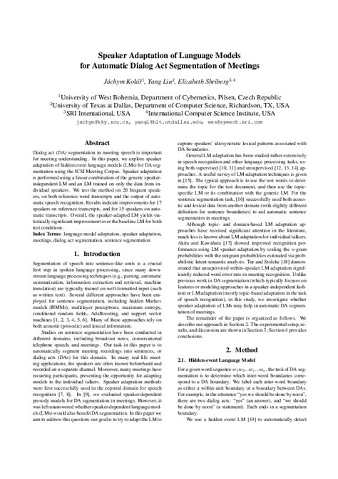 pdf speaker adaptation of language models for automatic dialog act segmentation of meetings