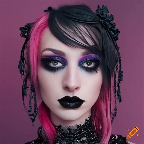 Portrait Of A Pale Green Eyed Goth Girl With Long Red Black Hair And Glasses On Craiyon