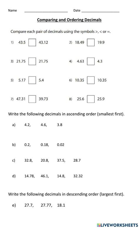 Comparing And Ordering Decimals 4th Grade 5th Grade Math