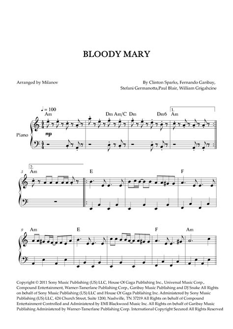 Bloody Mary Arr Milanov Sheet Music Lady Gaga Easy Piano