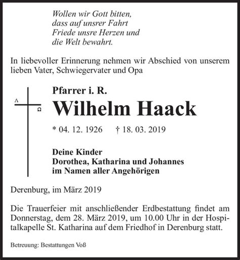 Traueranzeigen Von Wilhelm Haack Abschied Nehmen De