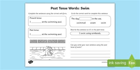Past Tense Words Swim Worksheet Teacher Made Twinkl