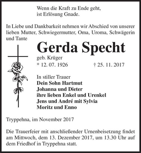 Traueranzeigen von Gerda Specht geb Krüger abschied nehmen de