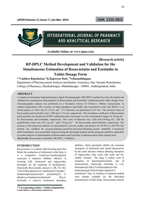 rp hplc method development and validation for the simultaneous estimation of simvastatin and
