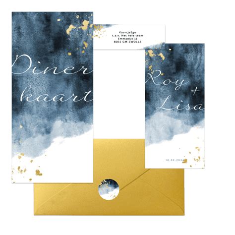 Dinerkaart Blauwe Waterverf Gouden Spetters Kaartje2go