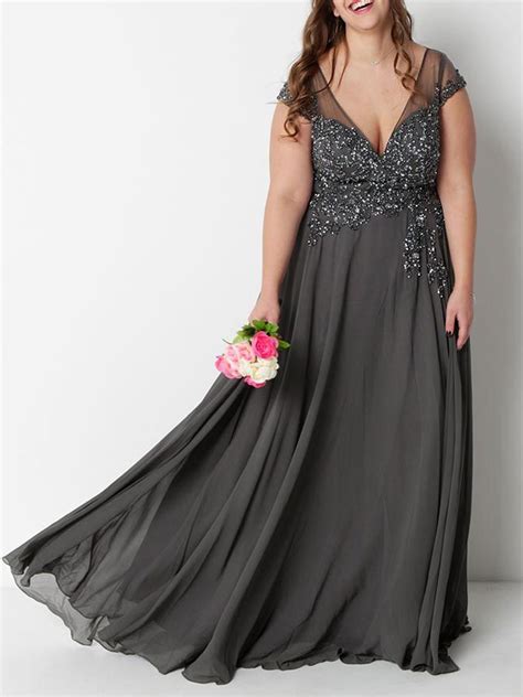 Graues Abendkleid A Linie V Ausschnitt Bodenlang Kurze Ärmel