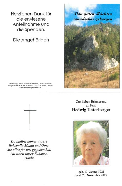 Unterberger Hedwig Bestattung Oberes Schwarzatal