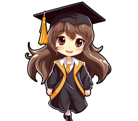 Garota de desenho animado em vestido de formatura e boné diploma