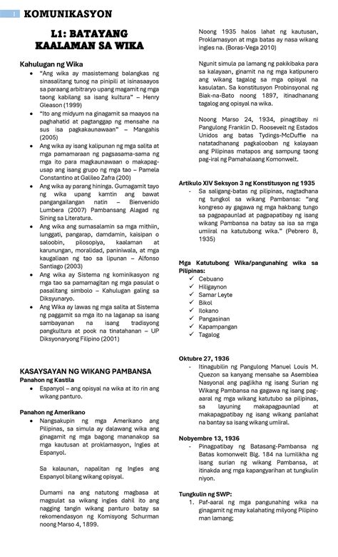 Komunikasyon Notes L1 BATAYANG KAALAMAN SA WIKA Kahulugan Ng Wika