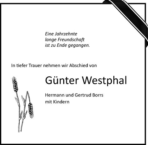 Traueranzeigen von Günter Westphal trauer anzeigen de