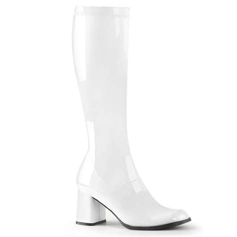 Botte blanche vernis moulante en stretch pour femme talon carré
