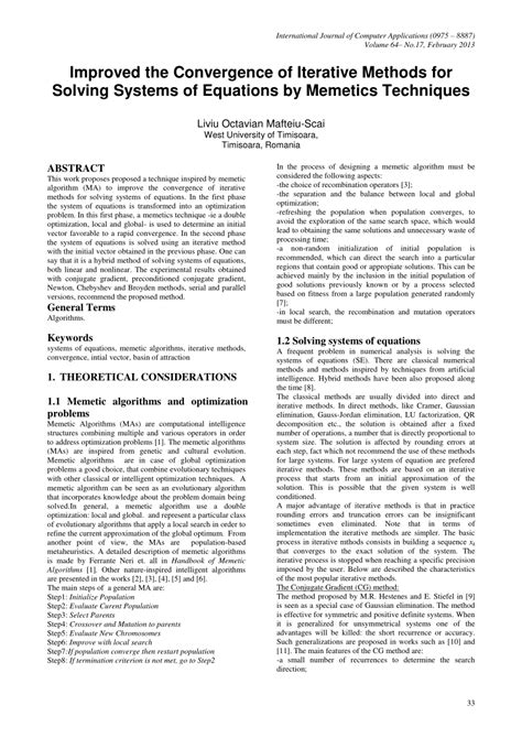 pdf improved the convergence of iterative methods for solving systems of equations by memetics