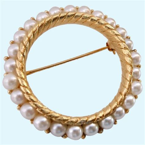 Vintage Crown Trifari Gold Tone Faux Pearl Circle PIn Brooch Ruby Lane