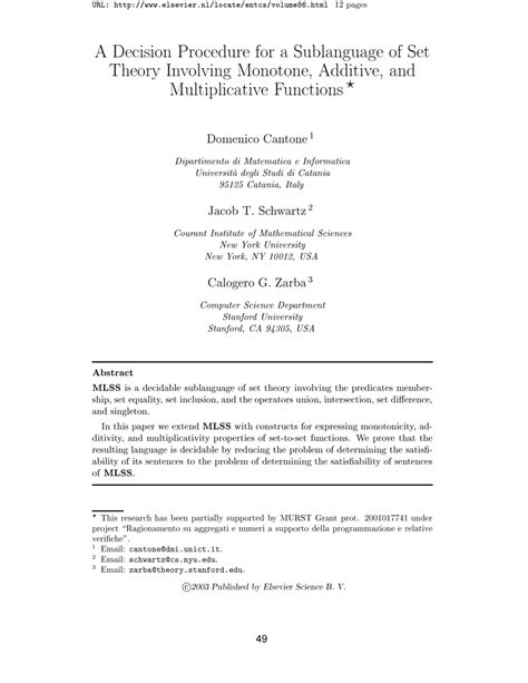 pdf a decision procedure for a fragment of set theory involving monotone additive and