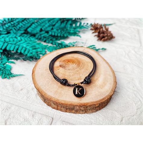 Jual Gelang Inisia Huruf Bulat Enamel Charm Epoxy Tali Korea Hitam
