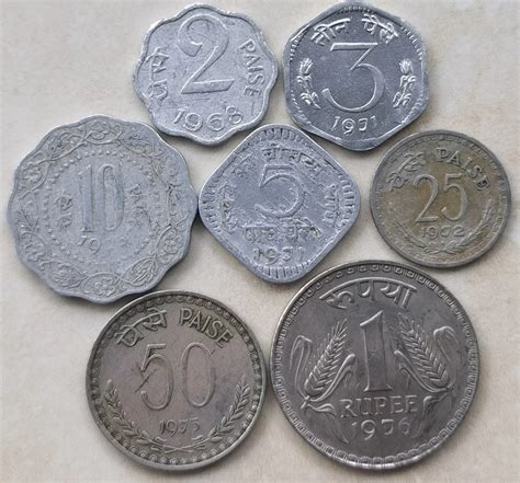 India 1968 1976 2 3 5 10 25 50 Paisa 1 Rupees Full Set 7 Pieces Genuine