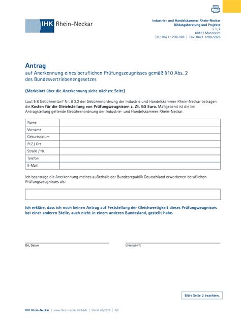 Ausfüllbar Online rhein neckar ihk24 Antrag auf Anerkennung