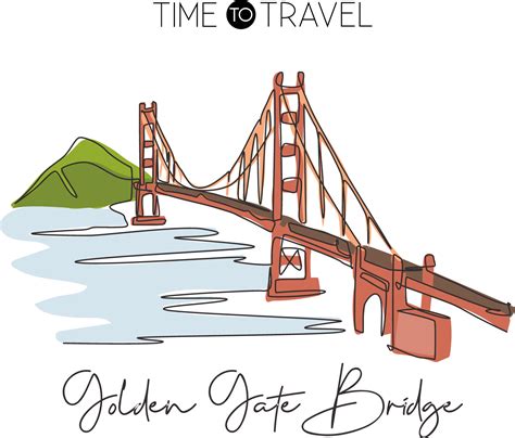 One Continuous Line Drawing Golden Gate Bridge Landmark Iconic Place