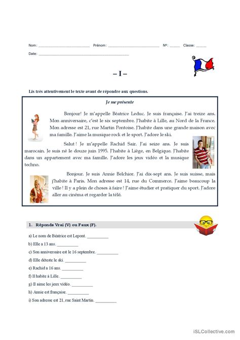 Je me présente compréhension général Français FLE fiches pedagogiques