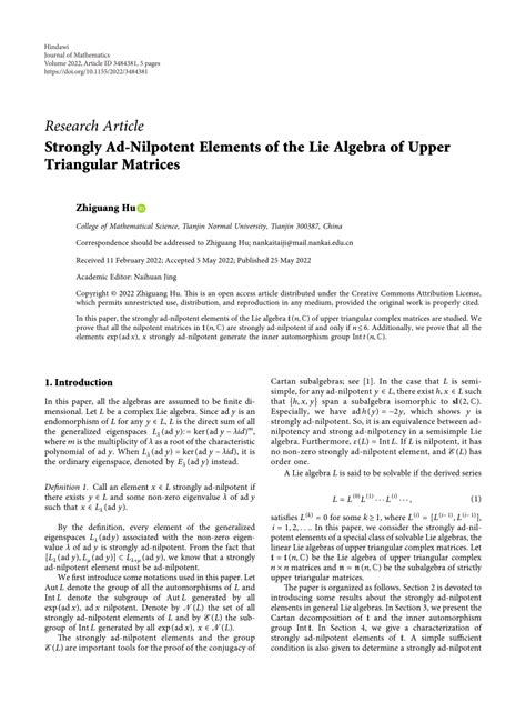pdf strongly ad nilpotent elements of the lie algebra of upper triangular matrices