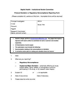 Fillable Online Protocol Deviation Or Regulatory Noncompliance