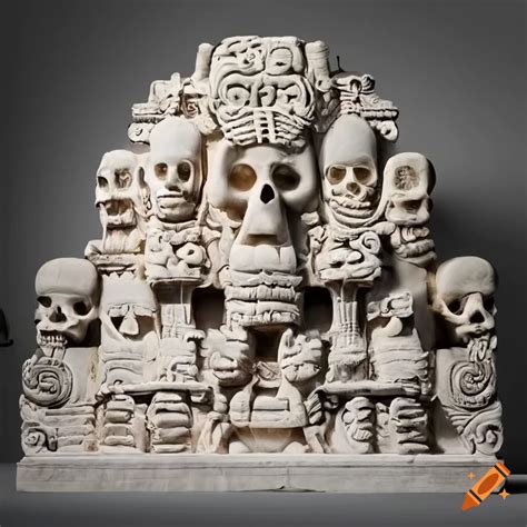 Marble sculpture of skeletons in a mayan style inspired by stanisław
